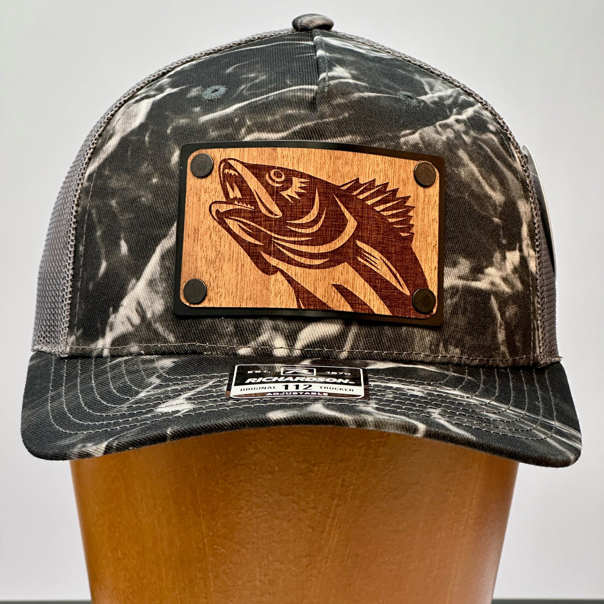 Etched Walleye Mahogany Wood Metal Patch Richardson Hat – Last Best ...